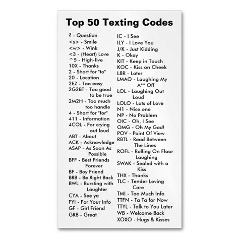 top 50 texting codes magnet card