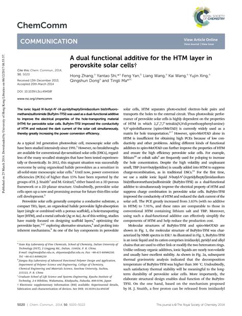 Pdf A Dual Functional Additive For The Htm Layer In Perovskite Solar Cells