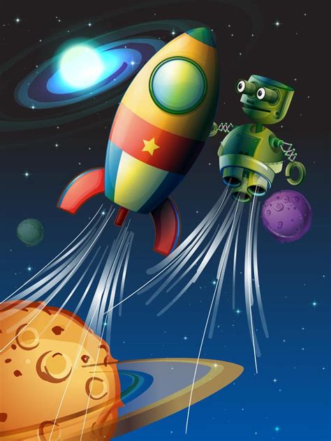 Rocket And Robot Flying In The Space 418068 Vector Art At Vecteezy