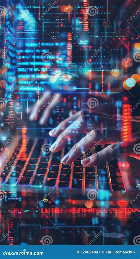 Hologram Screen Coding Programmer Typing On Keyboard Digital Technology Concept Stock