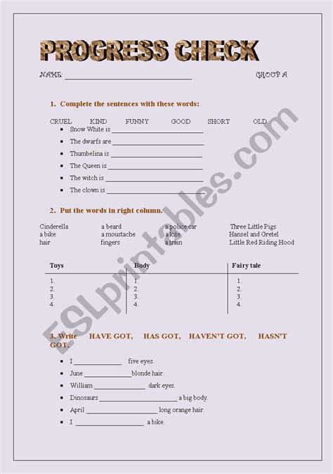 English Worksheets Progress Check
