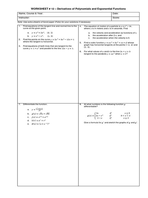 Worksheet 12 Derivatives Of Polynomials And Exponential Functions Pdf Computers