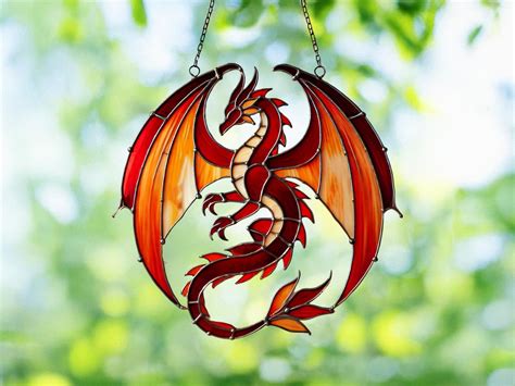Digital Download Red Dragon Stained Glass Pattern Dragon Flying
