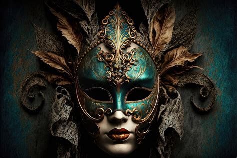 의상 파티 고해상도 베네치안 마스크 8k 그림 휴일 테마 파티 높은 세부 황금 요소 녹색 색상 팔레트 축제 의상 판타지 극장 가장 무도회 예술 Ai 프리미엄 사진