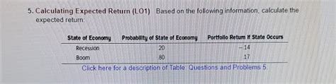 Solved 5 Calculating Expected Return L01 Based On The