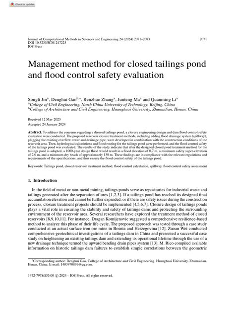 Management Method For Closed Tailings Pond And Flood Control Safety Evaluation Pdf Dam