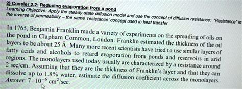 Solved 2 Cussler 22 Reducing Evaporation From A Pond The Inverse Of