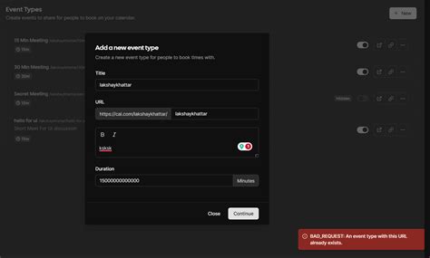 Bug While Creating A New Event Type Duration Exceed Error · Issue