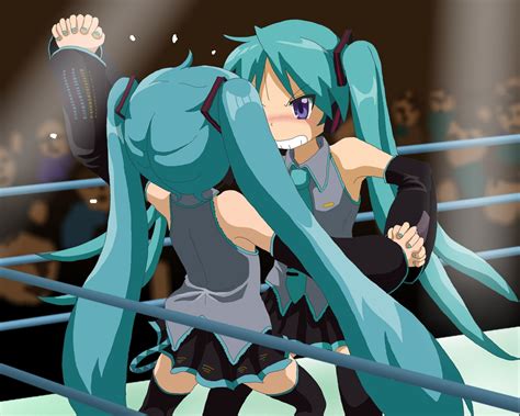 Hirondo Hatsune Miku Hiiragi Kagami Lucky Star Vocaloid Angry Blue Hair Blue Nails Blush