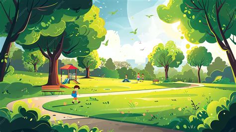 A Cartoon Illustration Of A Park With A Pond Trees Flowers A Swing Set