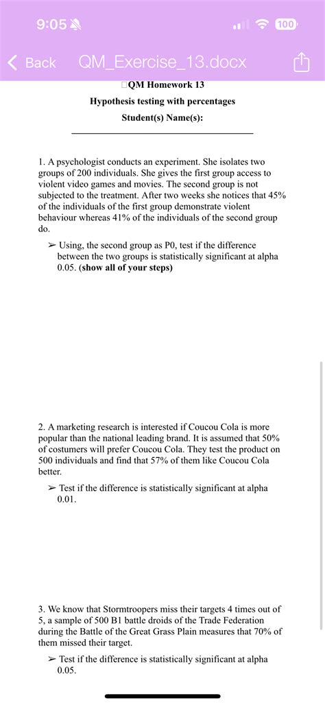 Solved QM Exercise Hypothesis Testing With Percentages Chegg Com