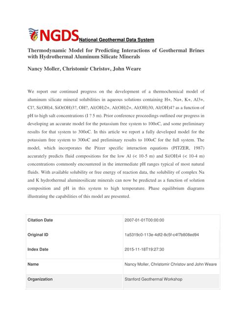 (PDF) Thermodynamic Model for Predicting Interactions of Geothermal Brines with Hydrothermal ...