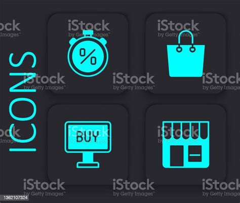 세트 마켓 스토어 스톱워치 퍼센트 할인 종이 쇼핑백 및 구매 버튼 아이콘 검은 색 사각형 버튼 벡터 건물 정면에 대한 스톡 벡터