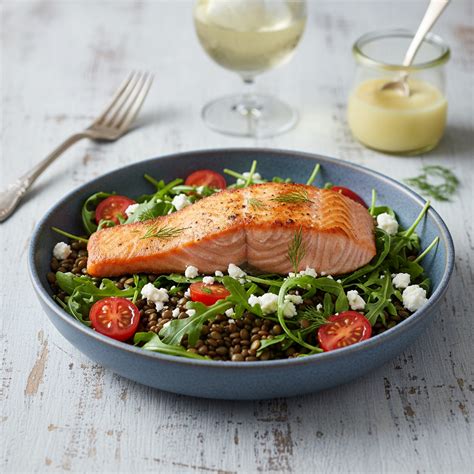 The Ultimate Healthy Salmon And Lentil Salad Bowl With Lemon Dill Dressing