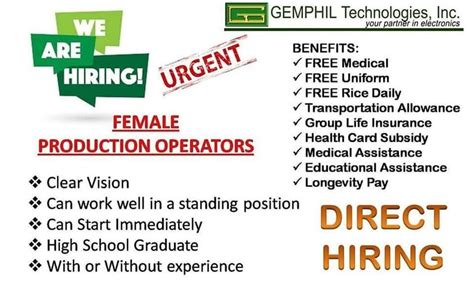 Gemphil Technologies Inc Is Now Hiring Directly Production Operators At Least High School