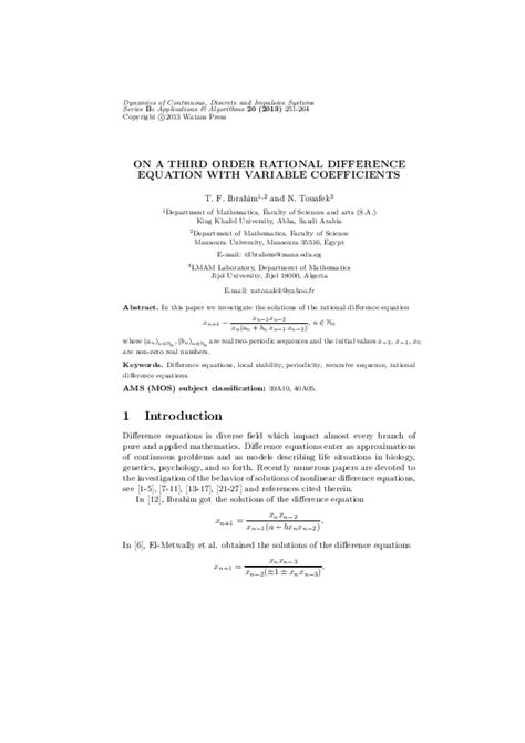 Pdf On A Third Order Rational Difference Equation With Variable