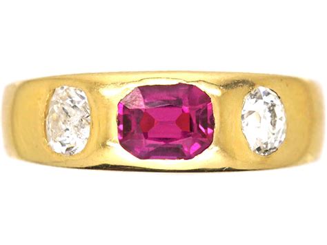 Victorian 18ct Gold Ruby And Old Mine Cut Diamond Rub Over Ring 109u The Antique Jewellery