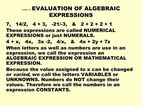 PPT Lesson EVALUATION OF ALGEBRAIC EXPRESSIONS PowerPoint Presentation ID