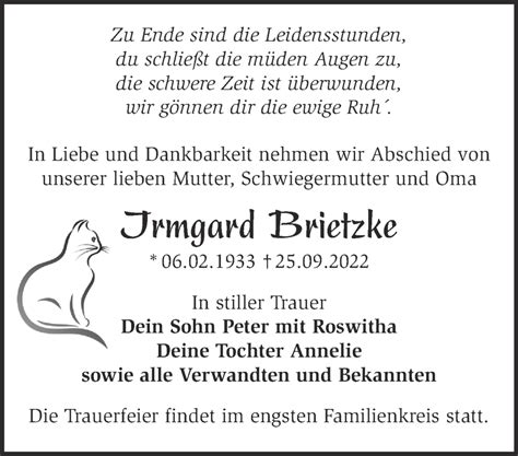 traueranzeigen von irmgard brietzke märkische onlinezeitung trauerportal