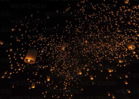 Thailand Chiang Mai Lighted Lanterns At Night At Yee Peng Festival