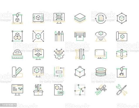 3d 인쇄 및 모델링 관련 벡터 얇은 선 아이콘 윤곽선 기호 모음 3차원 인쇄에 대한 스톡 벡터 아트 및 기타 이미지 3차원