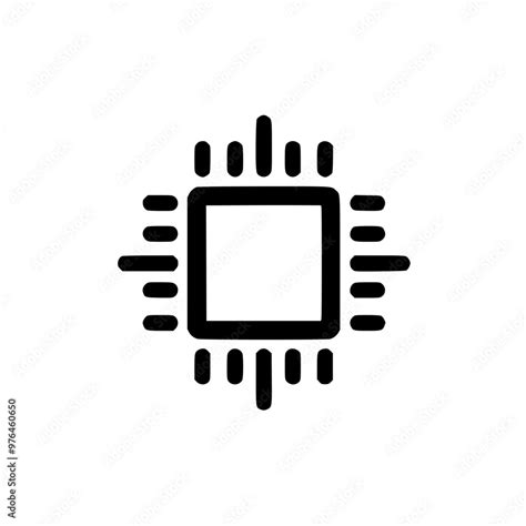Minimalist Black And White Icon Of A Microchip With Radiating Lines On A White Background Stock