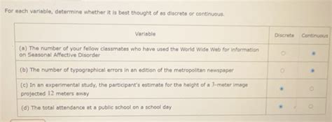 Solved For Each Variable Determine Whether It Is Best Thought Of As