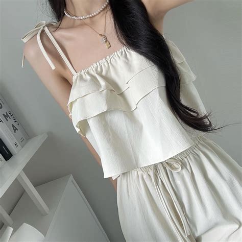 Set 카피x 미르 린넨 마 프릴 캉캉 리본 스트랩 크롭탑나시 허리밴딩 와이드팬츠 투피스세트 투피스셋업 2color