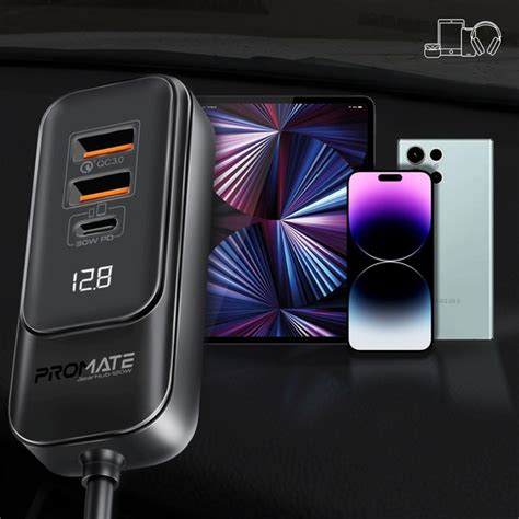 Incarcator Auto PROMATE GearHub 120W 2x30W USB C Power Delivery 2x 30W USB A Quick Charge Negru