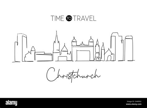 Single One Line Drawing Christchurch City Skyline New Zealand World