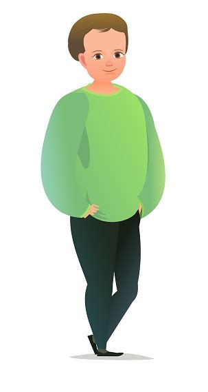 바지와 스웨터에 잘 생긴 어린 소년 쾌활한 중년 십대 쾌활한 사람 스탠딩 포즈 만화 만화 플랫 디자인 단일 문자입니다 흰색 배경에 격리된 그림입니다 벡터 개념에 대한 스톡