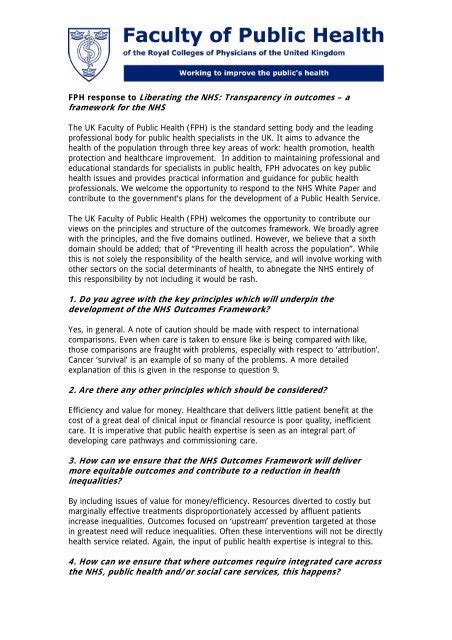 Nhs Outcomes Framework Uk Faculty Of Public Health