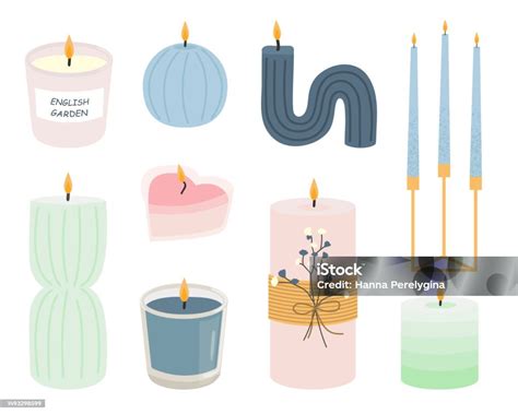 불타는 촛불 모음입니다 다양한 크기와 모양의 장식용 왁스 양초 향기로운 양초 손으로 그린 벡터 세트입니다 화려하고 아름다운 촛불 흰색으로 격리된 배경입니다 개체 그룹에 대한