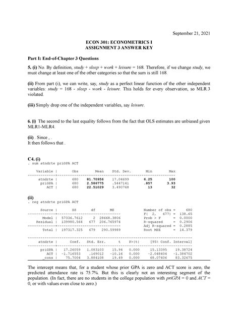 Assignment 3 Answer Key September 21 2021 Econ 301 Econometrics I Assignment 3 Answer Key