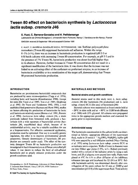 Pdf Tween 80 Effect On Bacteriocin Synthesis By Lactococcus Lactis Pdf Tween 80 Effect On Bacteriocin Synthesis By Lactococcus Lactis