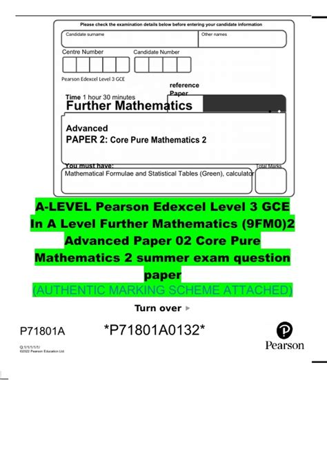 A Level Pearson Edexcel Level 3 Gce In A Level Further Mathematics 9fm02 Advanced Paper 02