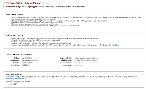 Django Iis Web Page Returns Server Error 500 When I Press Submit