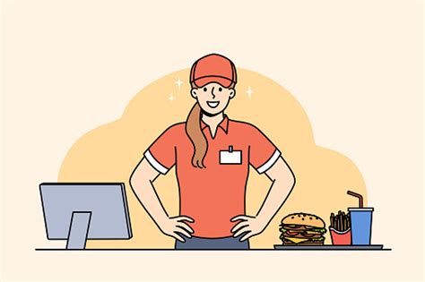 여성 패스트푸드 카페 종업원이 햄버거와 음료가 담긴 모니터와 쟁반이 있는 금전 등록기 근처에 서 있습니다 개념에 대한 스톡 벡터 아트 및 기타 이미지 Istock