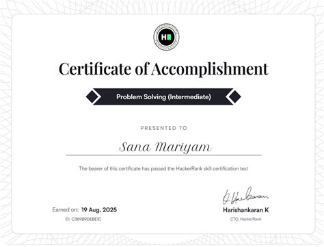 Earned Hackerrank Problem Solving Intermediate Certification Sana Mariyam Posted On The