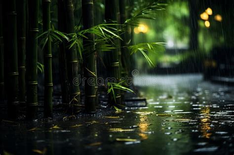Rain Soaked Street With Bunch Of Bamboo Trees In The Rain Generative