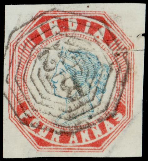 India Used In Burma B12 Of Bassein On 1854 4a Blue And Red Imperf