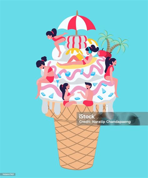 플랫 일러스트 사람들이 큰 아이스크림 콘에서 일광욕 그것은 해변에서 여름 방학 바다가 아름답습니다 관광 리조트에 대한 스톡 벡터 아트 및 기타 이미지 Istock
