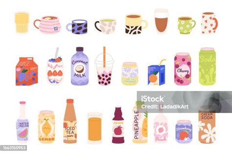 음료 및 음료 수집 커피와 차 밀크 쉐이크 주스와 칵테일 병 캔 및 종이 상자에 담긴 액체 격리된 컵 벡터 세트 병에 대한 스톡 벡터 아트 및 기타 이미지 Istock