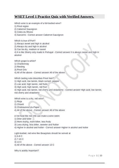 WSET Level 1 Practice Quiz With Verified Answers Exams Company Secretarial Practice Docsity