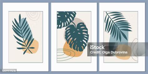 간단한 모양과 열대 야자수 잎의 추상적 인 구성 템플릿 세트 콜라주 스타일 미니멀리즘 파스텔 흙 색 Sns용 엽서 및 커버용