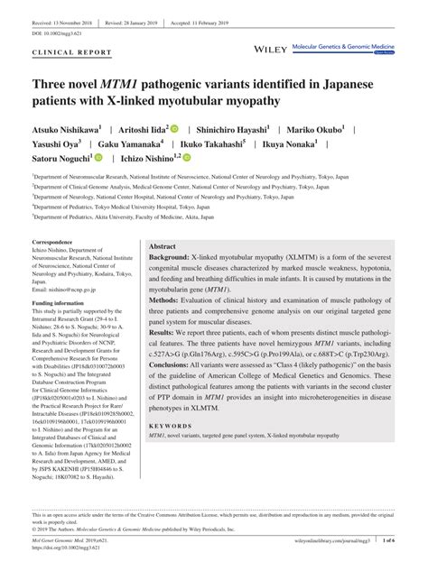 Pdf Three Novel Mtm1 Pathogenic Variants Identified In Japanese Patients With X‐linked