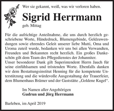 Traueranzeigen Von Sigrid Herrmann Abschied Nehmen De