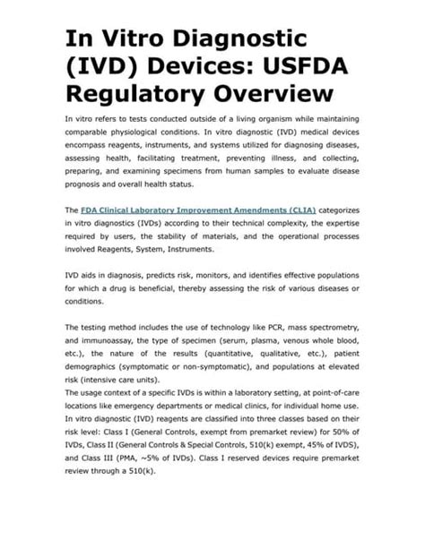 In Vitro Diagnostic Ivd Devices Usfda Regulatory Overviewpdf