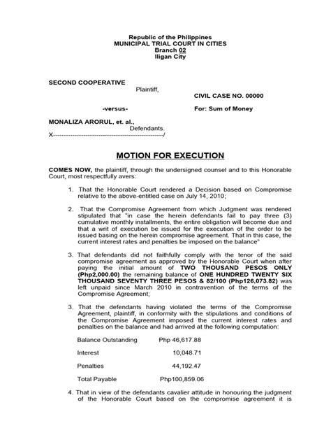 Motion For Execution Arorul Pdf Lawsuit Separation Of Powers
