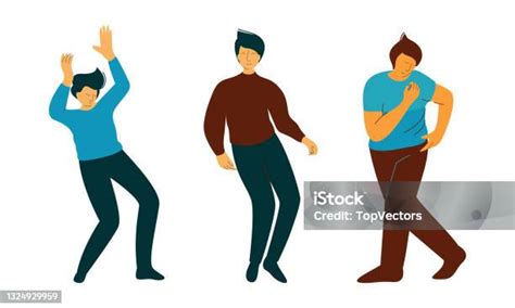 긍정적 인 젊은 남자 춤 움직이는 손과 다리에 음악 Rythm 벡터 세트 개념에 대한 스톡 벡터 아트 및 기타 이미지 개념 긍정적인 감정 표현 남성 Istock